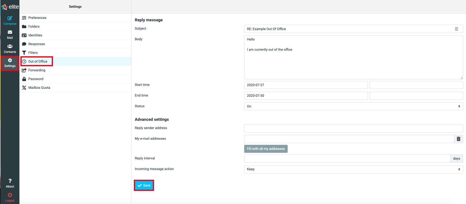 Elite Knowledge Base - How to setup an Out Of Office Response